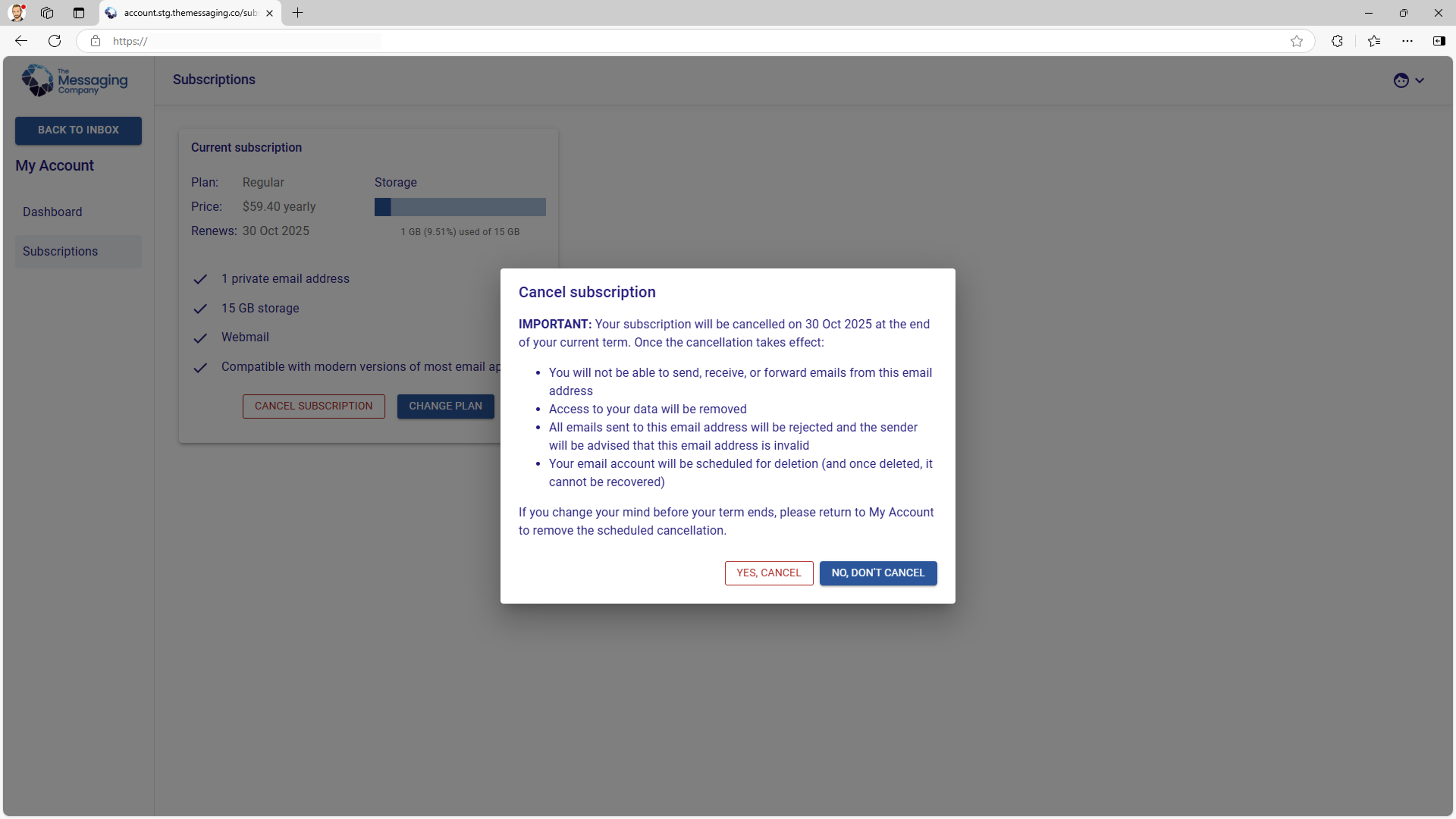 Cancel subscription / Cancel email account – The Messaging Company