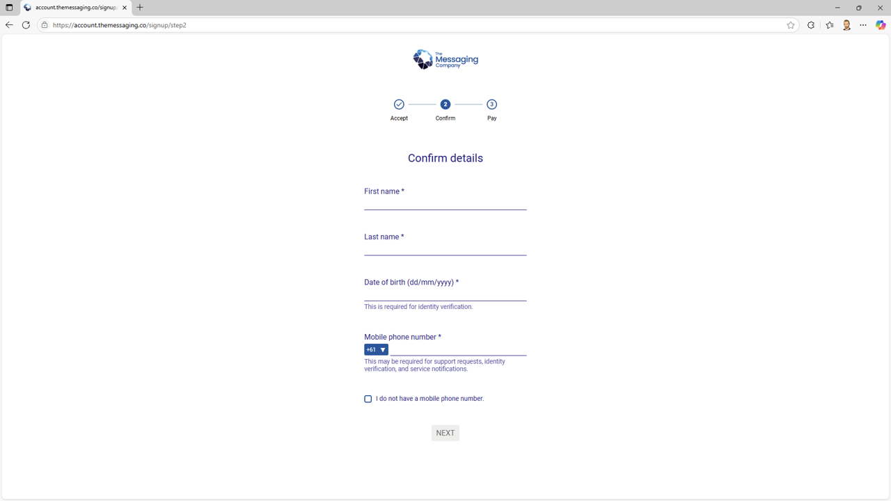 Sign-up process – The Messaging Company